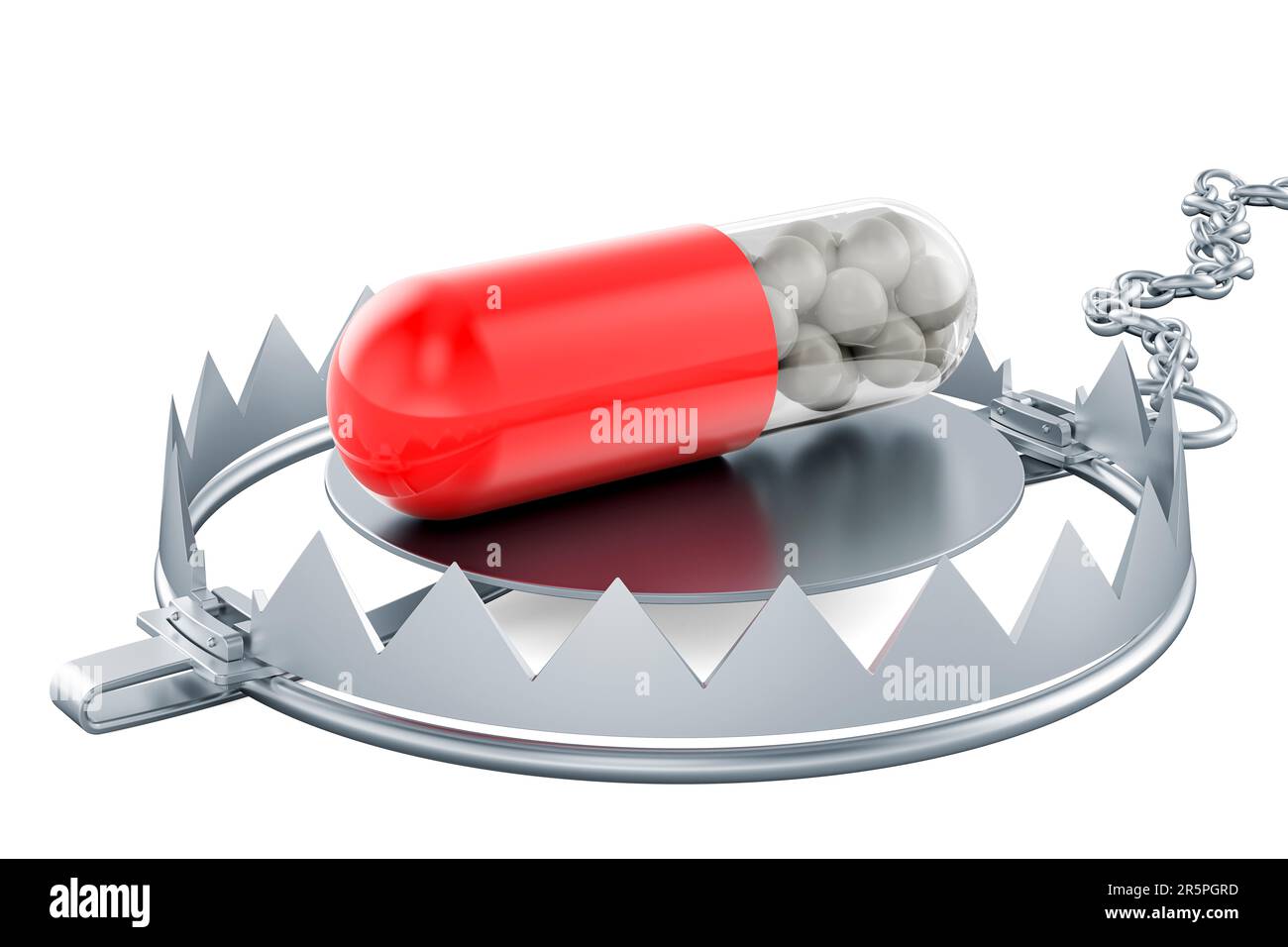 Medicament capsule inside bear trap, 3D rendering isolated on white ...