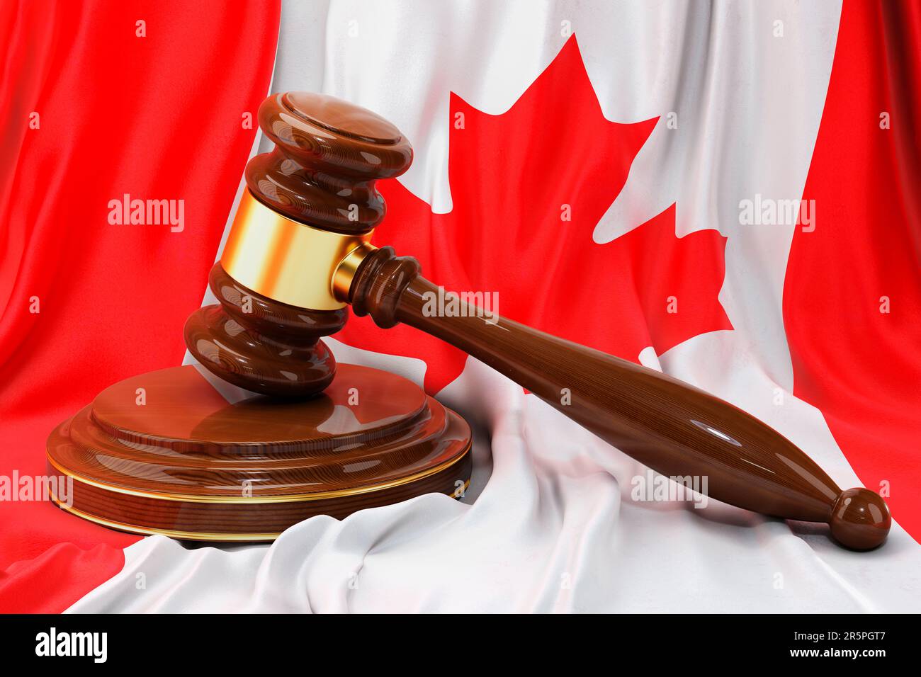 Canadian law and justice concept. Wooden gavel on flag of Canada, 3D ...