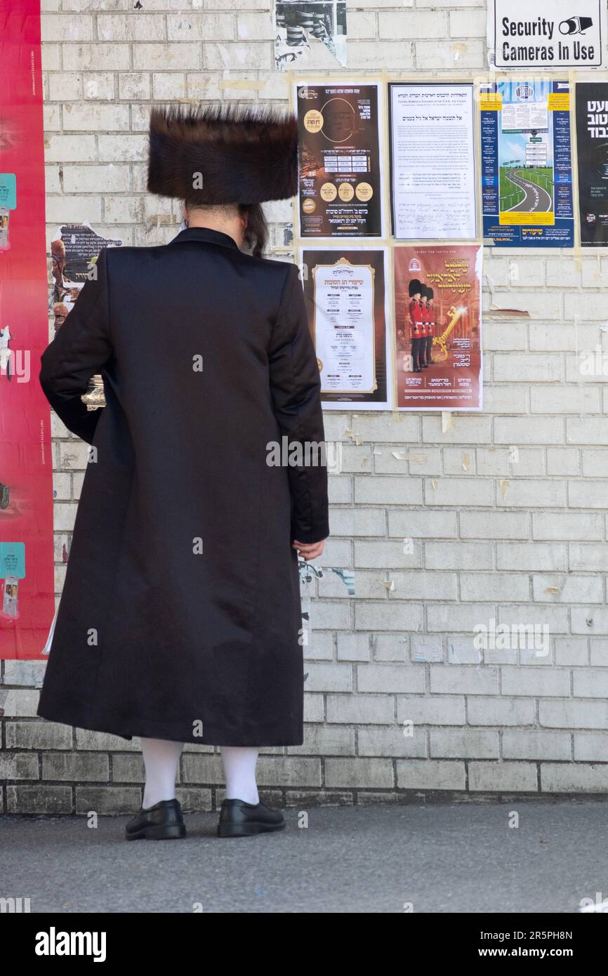 An orthodox Jewish man wearing a shtreimel fur had reads posters that ...
