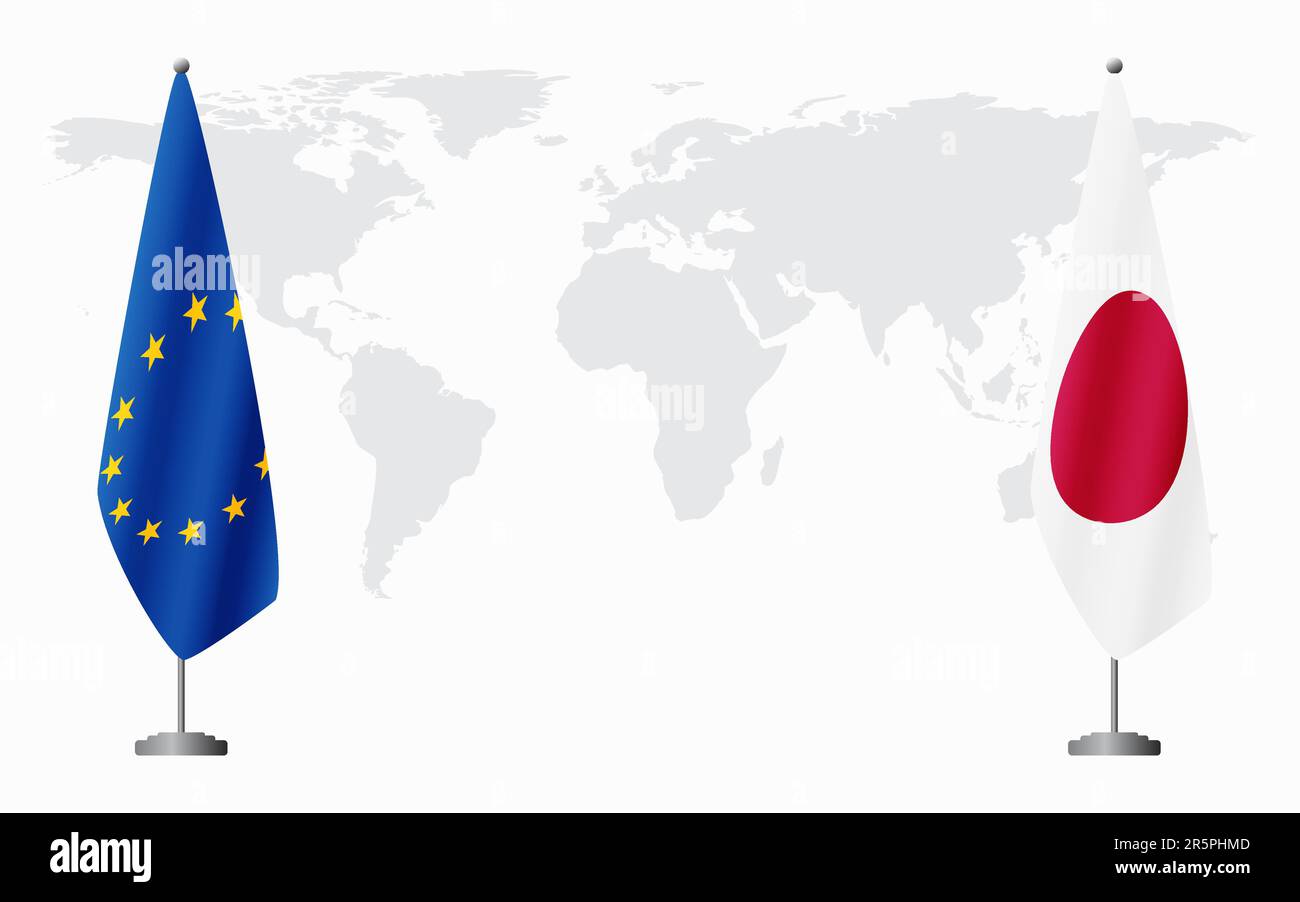 European Union and Japan flags for official meeting against background ...