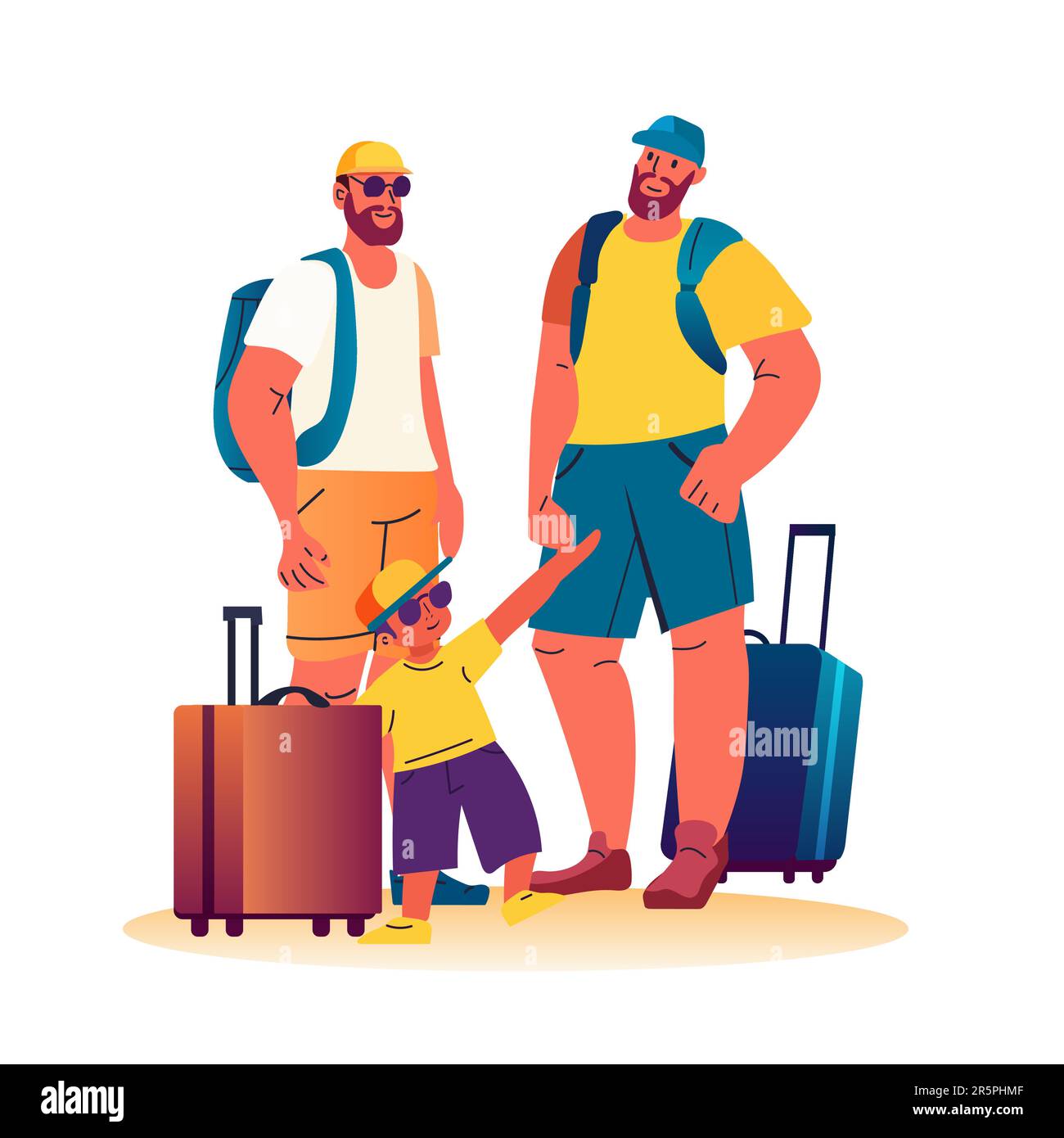 male parents gay family with son and baggage standing together summer ...