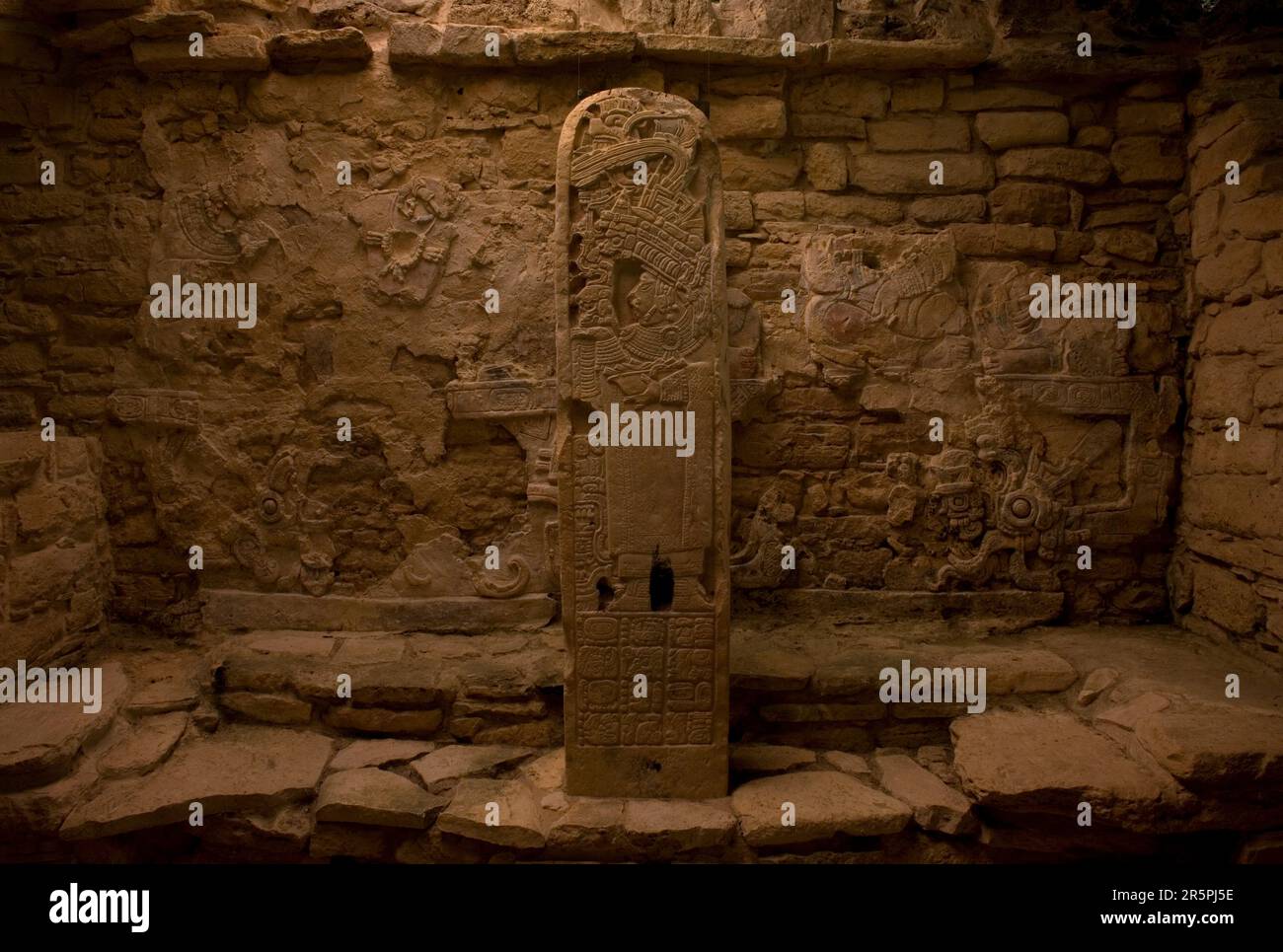 A stela of Lady Eveningstar, mother of King Bird Jaguar IV, decorates a ...