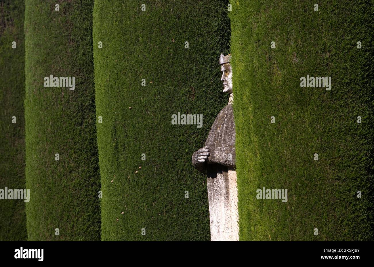 A statue of a king sits in the garden of the Alcazar de los Reyes ...