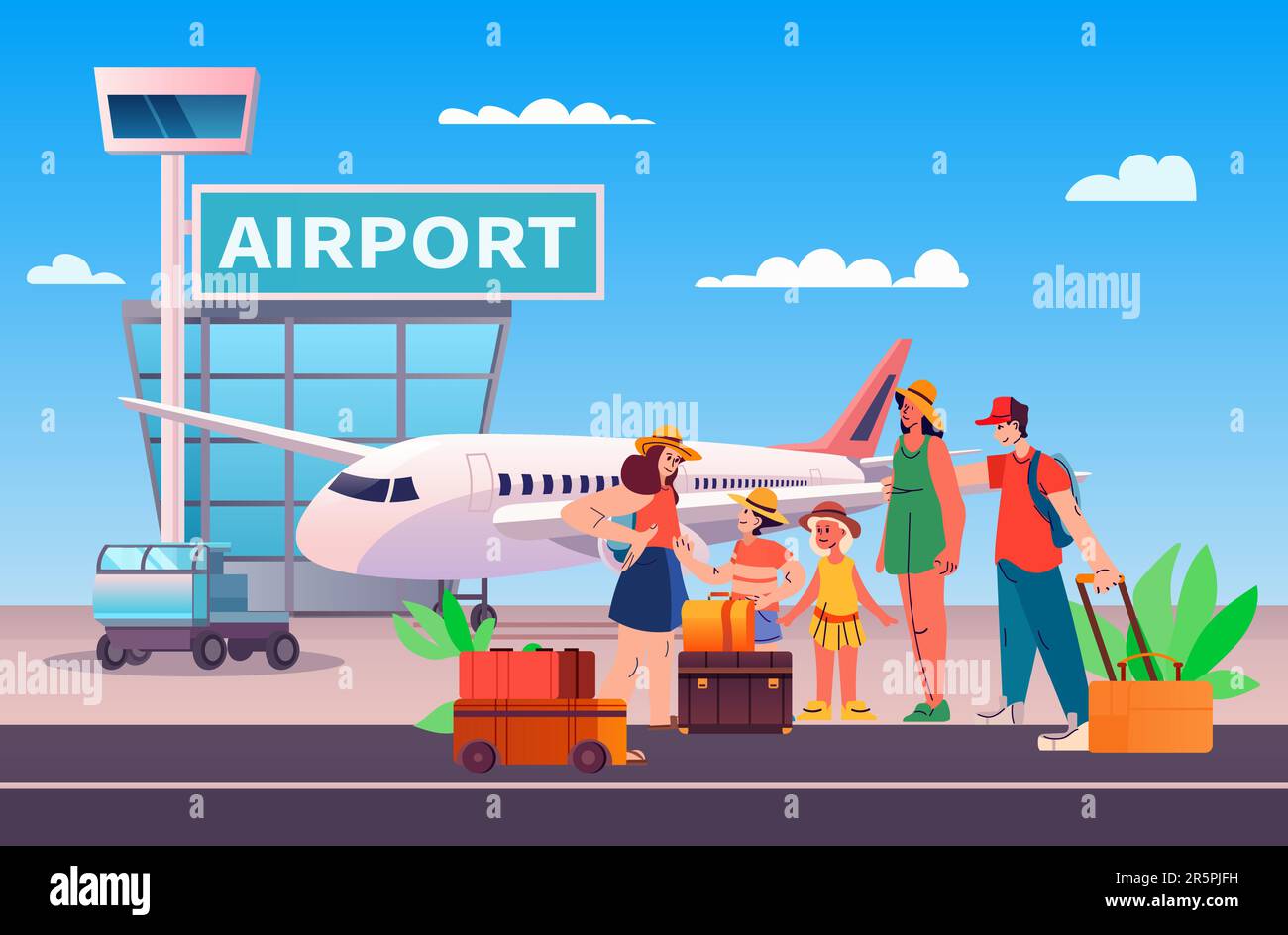 happy family with children and baggage standing together near airplane ...