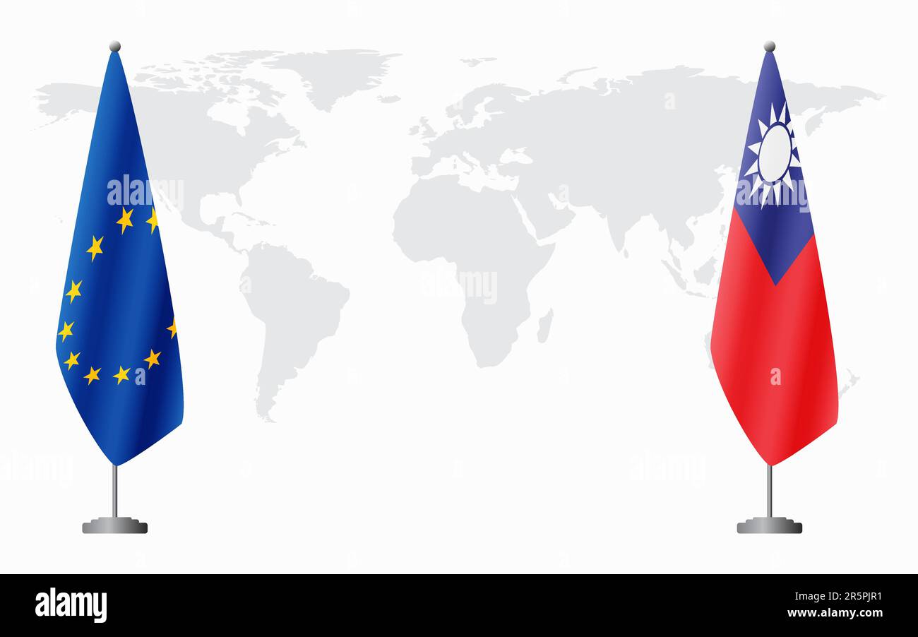 European Union and Taiwan flags for official meeting against background ...