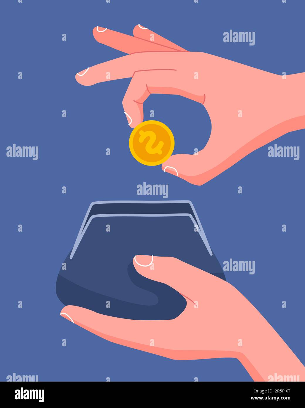 Hand puts a coin in a wallet. Savings concept. Outline cartoon style ...