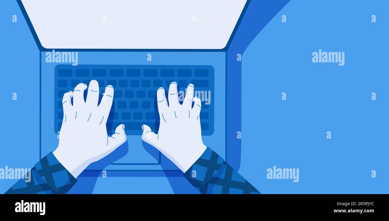 Hands at work behind a laptop keyboard with at the table. Workplace at ...