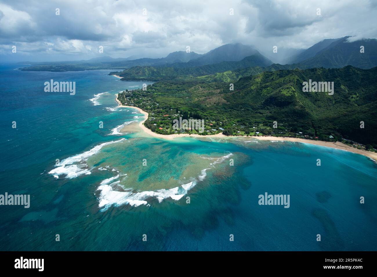 Aerial of the north shore of the island of kauai hi-res stock ...