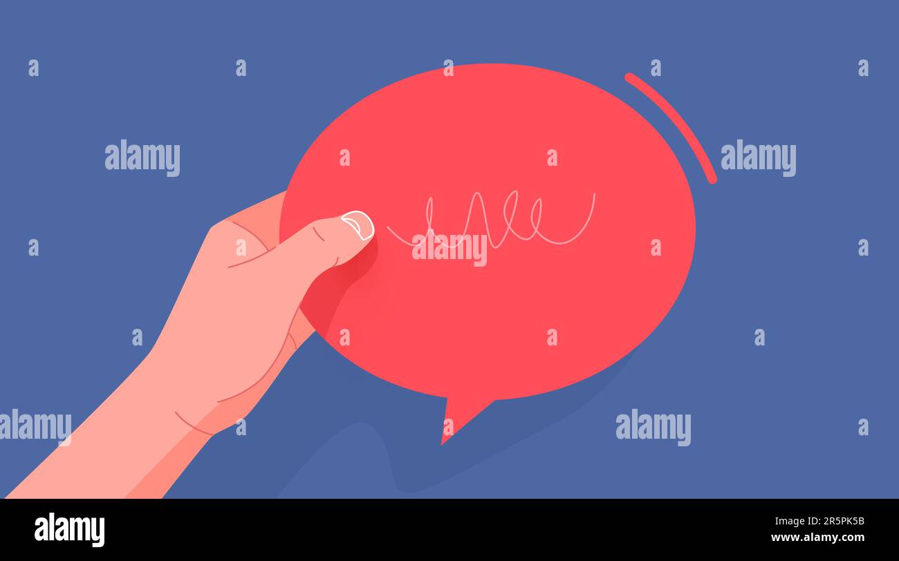 Hand holding a chat bubble. Communication concept. Outline cartoon ...