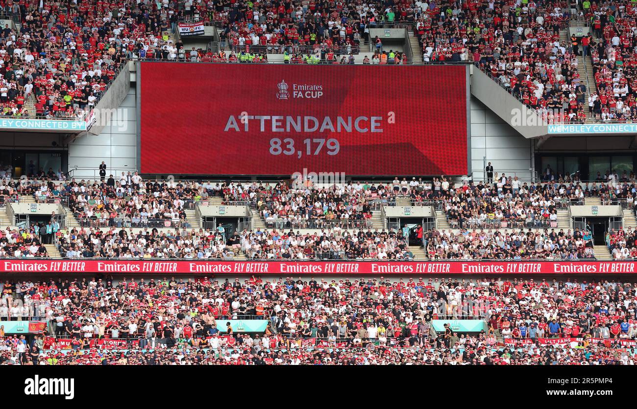 Scoreboard show attendance of 83,179 during The Emirates FA Cup Final ...