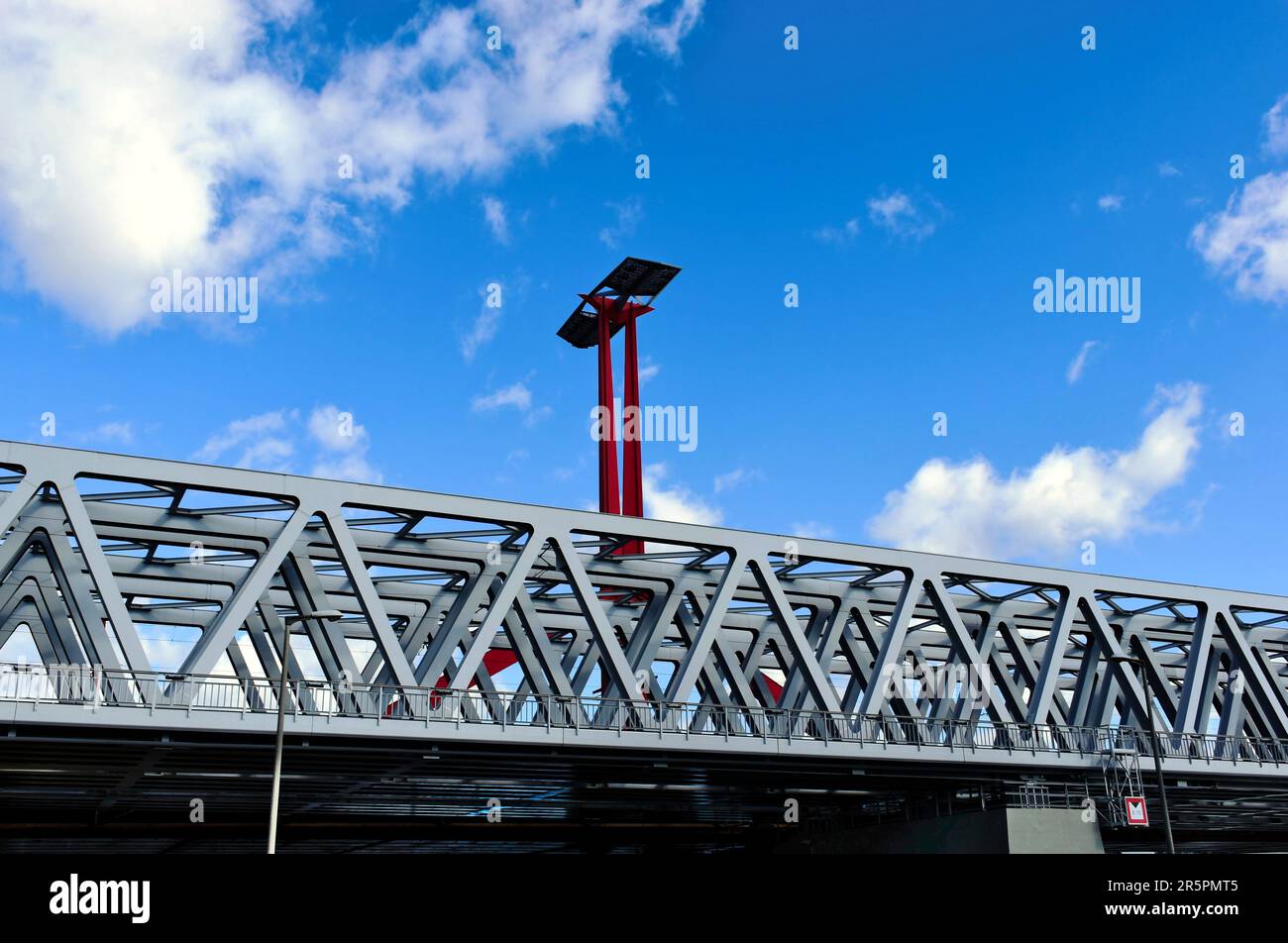 steel railway bridge closeup in perspective view. red steel tower with ...
