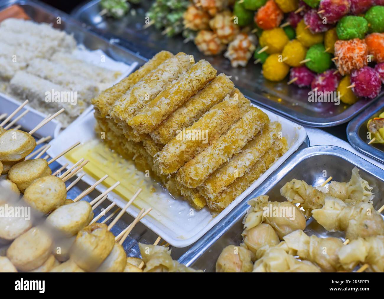 Many snacks and seafood in vietnamese night market in food festival ...