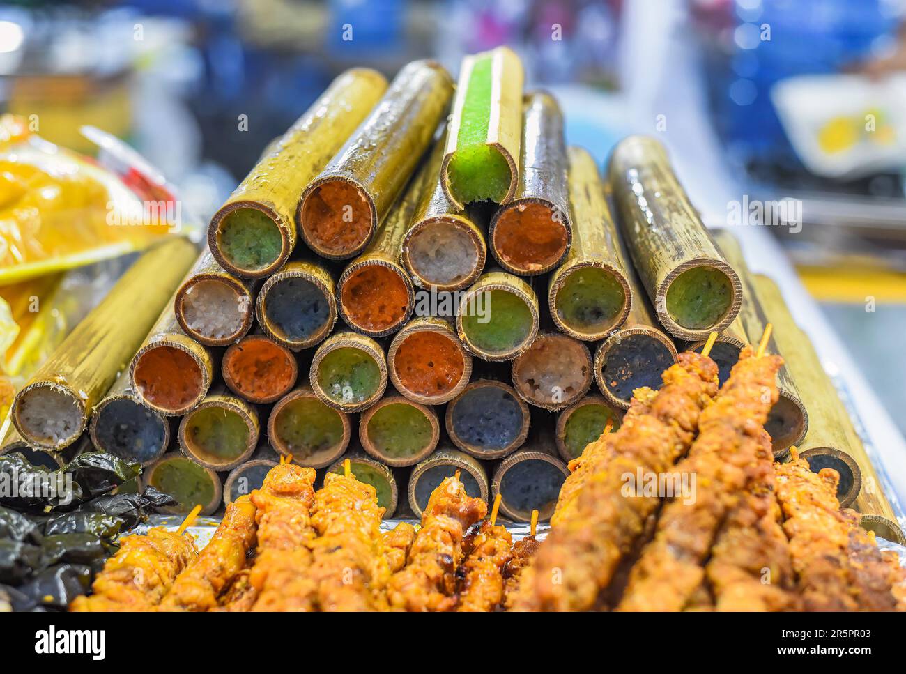 Colorful sticky rice in bamboo in vietnamese night market Stock Photo ...