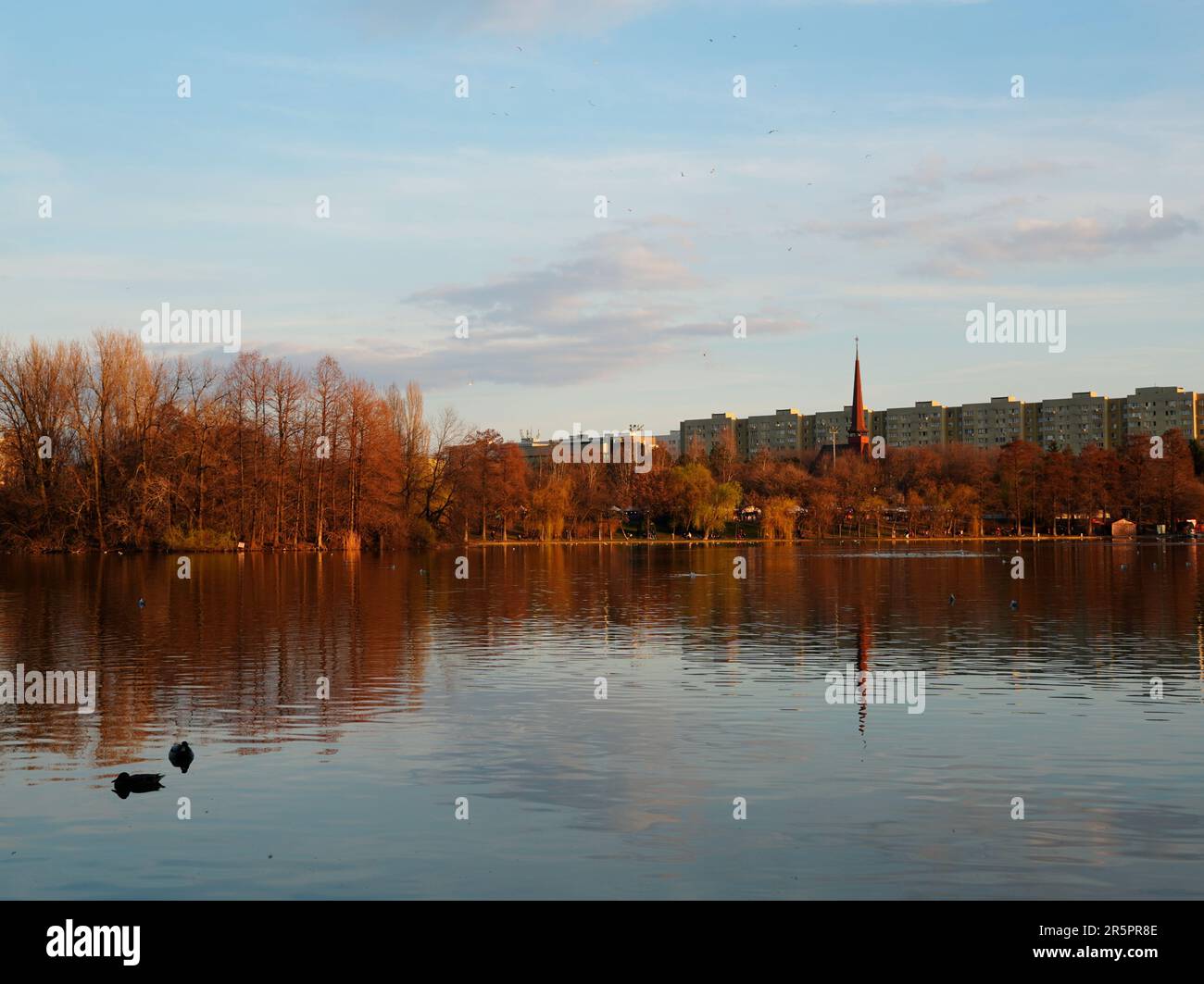 Early spring landscape in Titan park in Bucharest with lake, trees ...