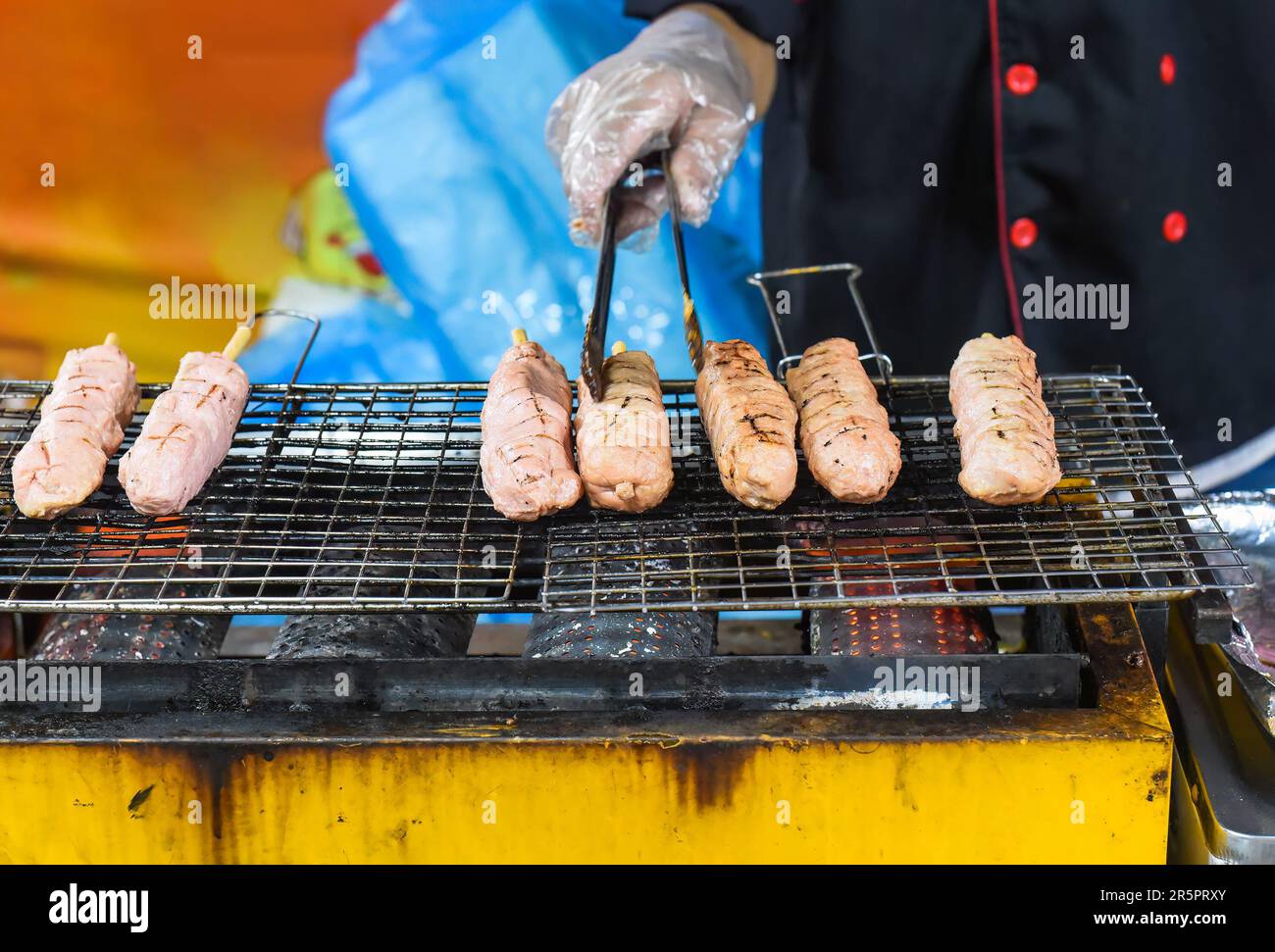 Many meat skewers kebab in vietnamese night market in food festival ...
