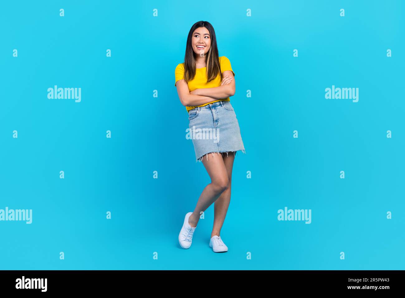 Full Body Photo Of Korean Girl Wear Denim Mini Skirt Crossed Arms Look Empty Space New Brand