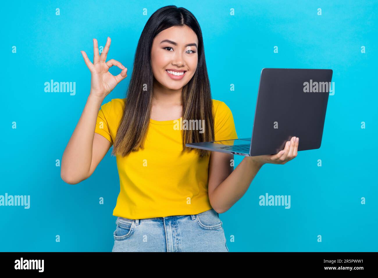 Photo of young korean girl programmer team leader okey sign recommend ...