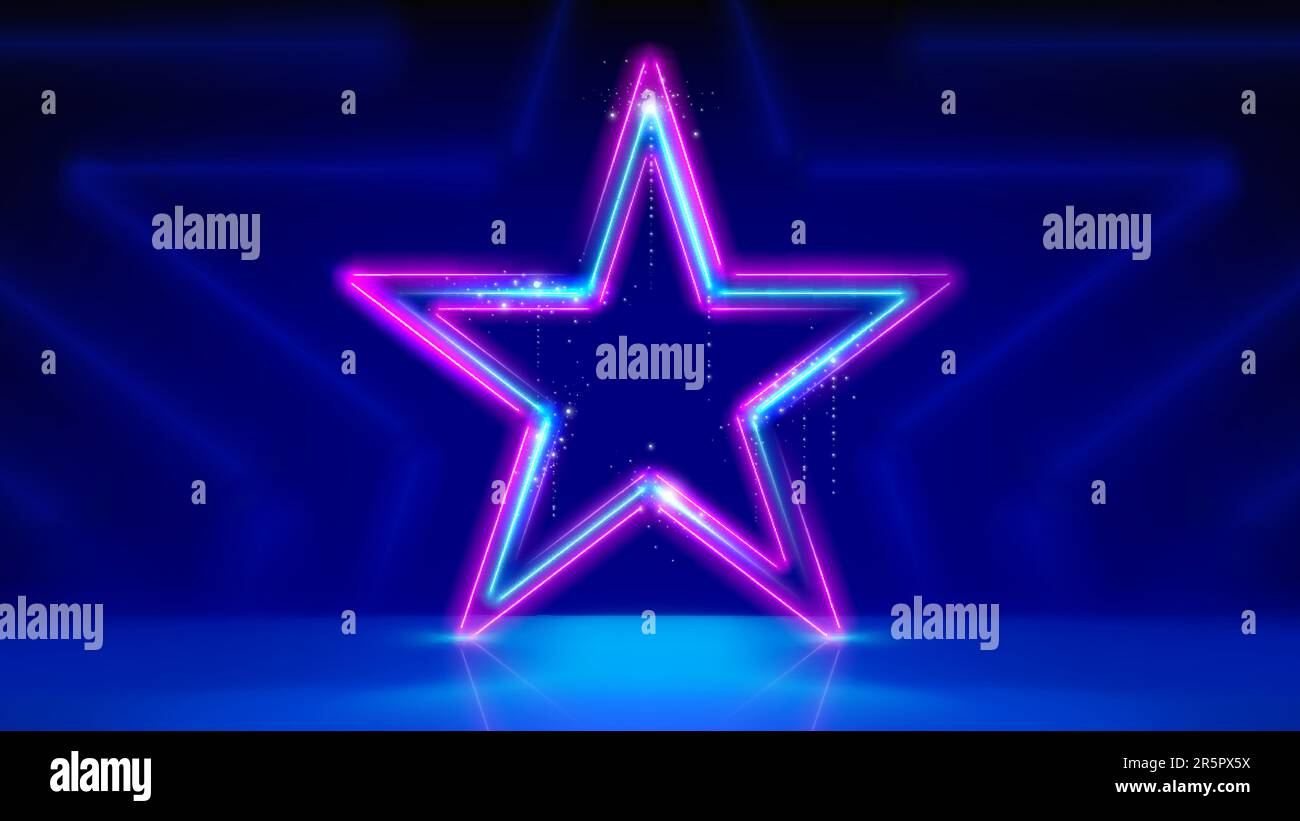 Neon stars, stage light, glowing led star. Background for awards ...