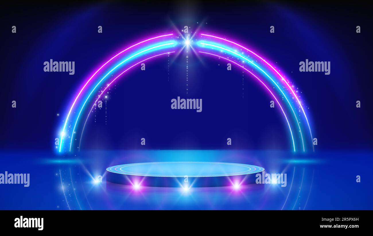 Neon frame, led arch, podium, stage. Background, backdrop displaying products. Light led lines ...
