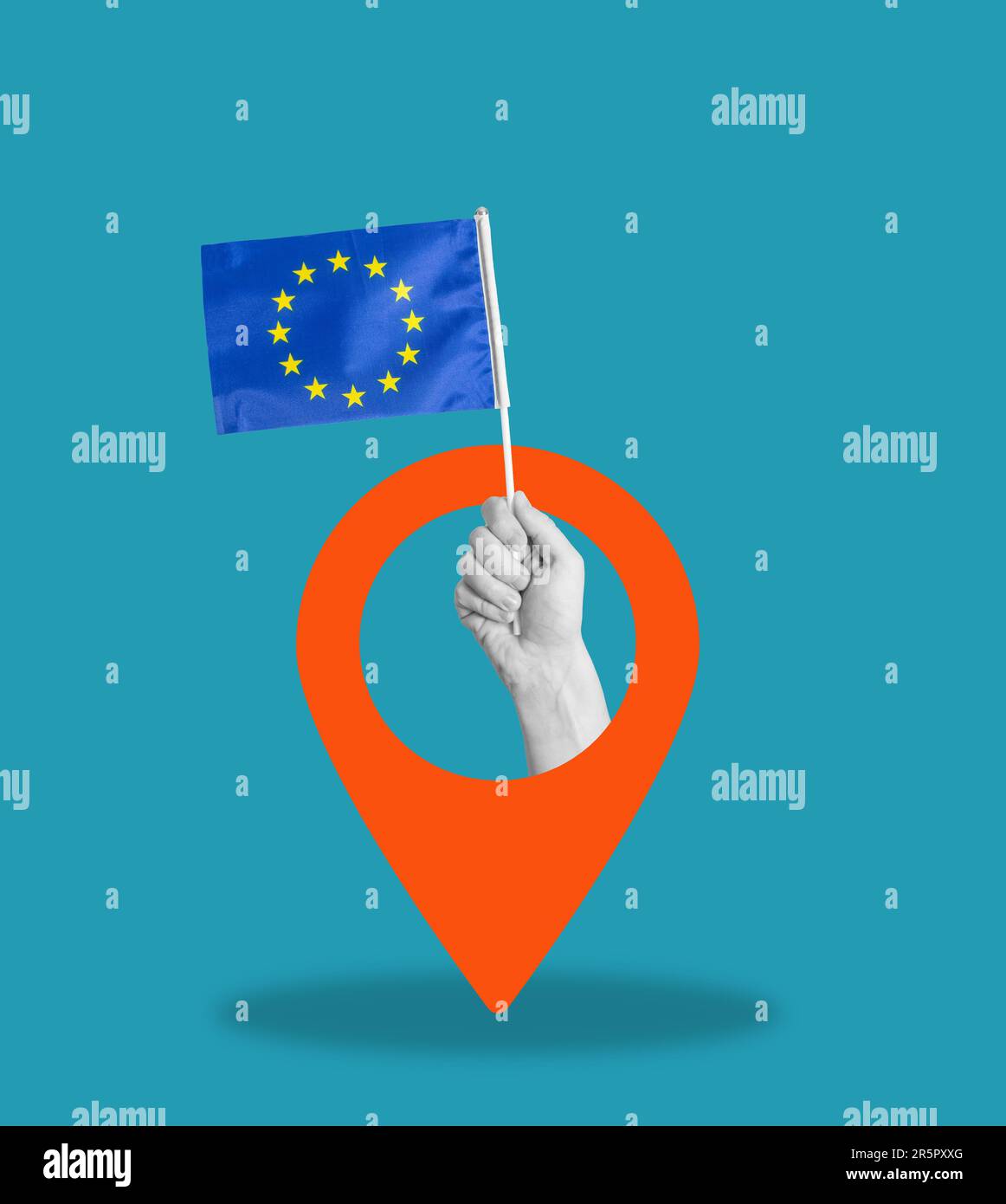 Art collage, collage of a hand holding the flag of the European Union ...