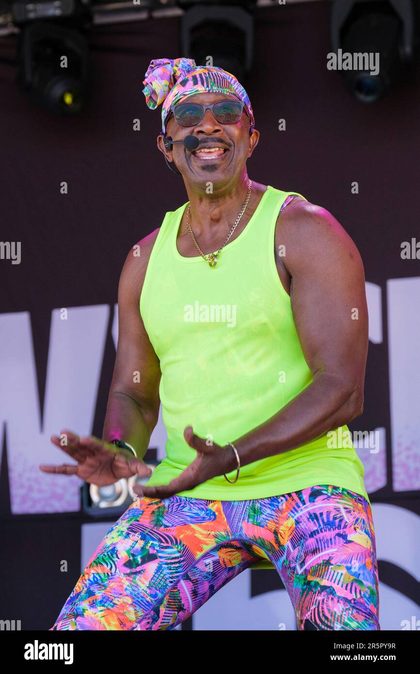 Mr Motivator MBE (Derrick Evans) performing at Wychwood Festival ...