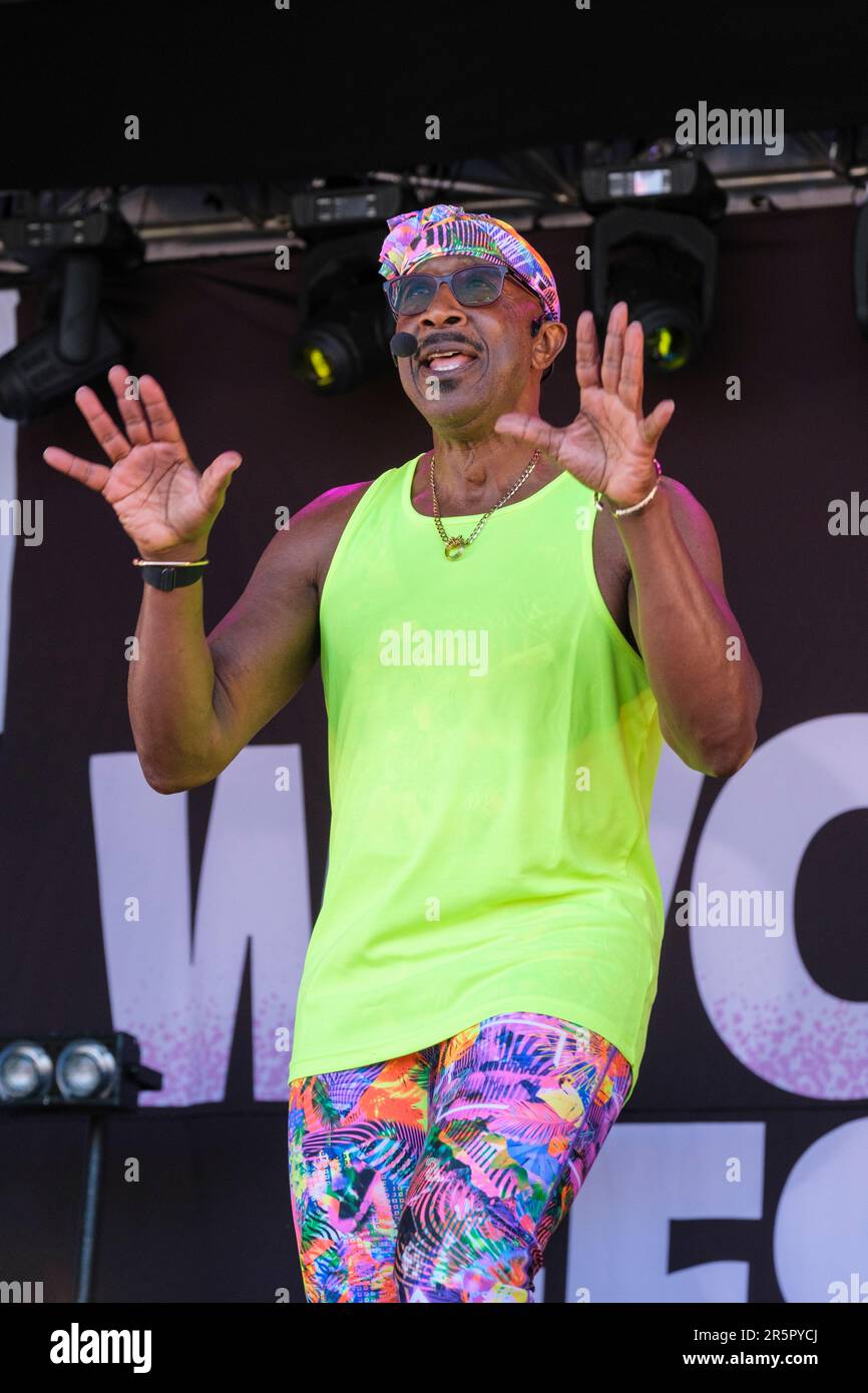 Mr Motivator MBE (Derrick Evans) performing at Wychwood Festival ...