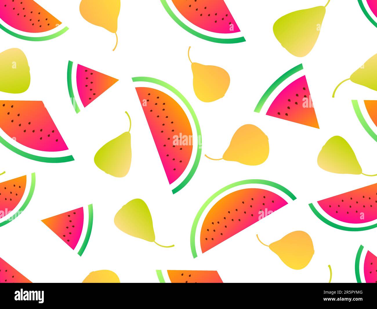 Seamless pattern with watermelon slices and pears, gradient colors ...