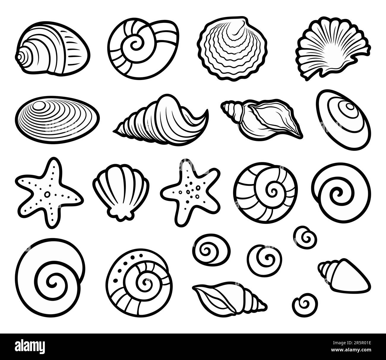 Cartoon set of cute doodle shells. Summer beach vector funny ...