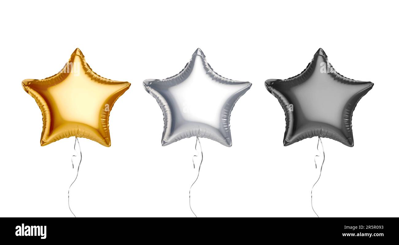 Blank black, silver, gold inflation star balloon mockup, front view, 3d ...