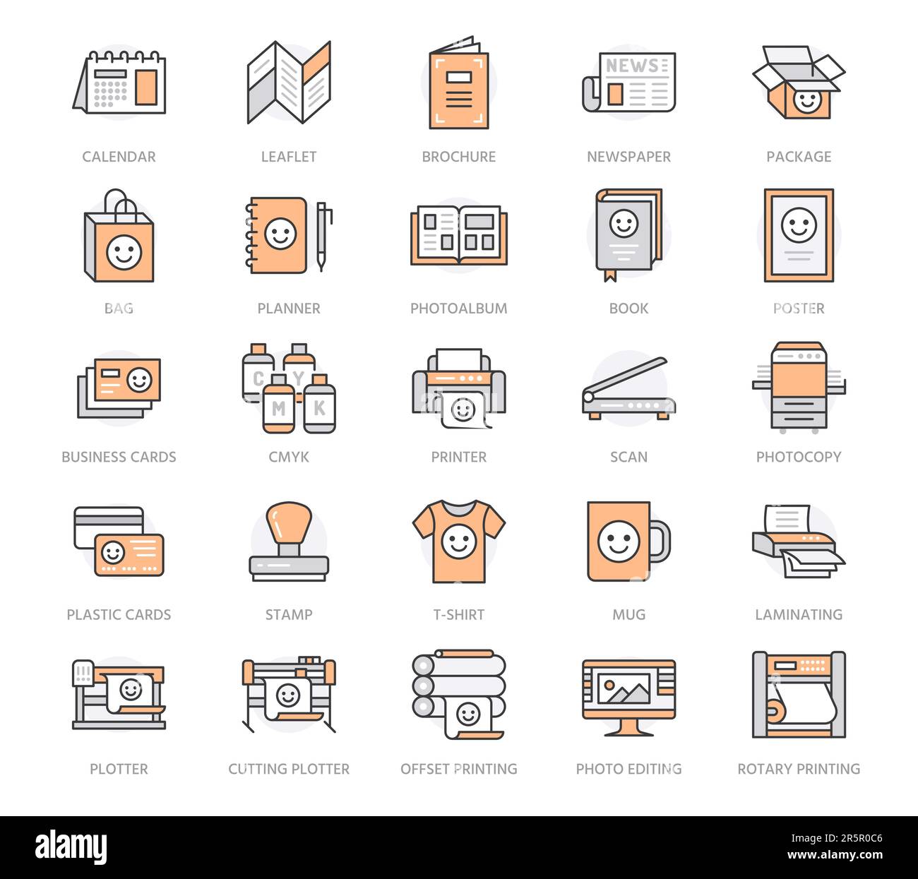 Printing house flat line icons. Print shop equipment - printer, scanner ... Printing house flat line icons. Print shop equipment - printer, scanner ...