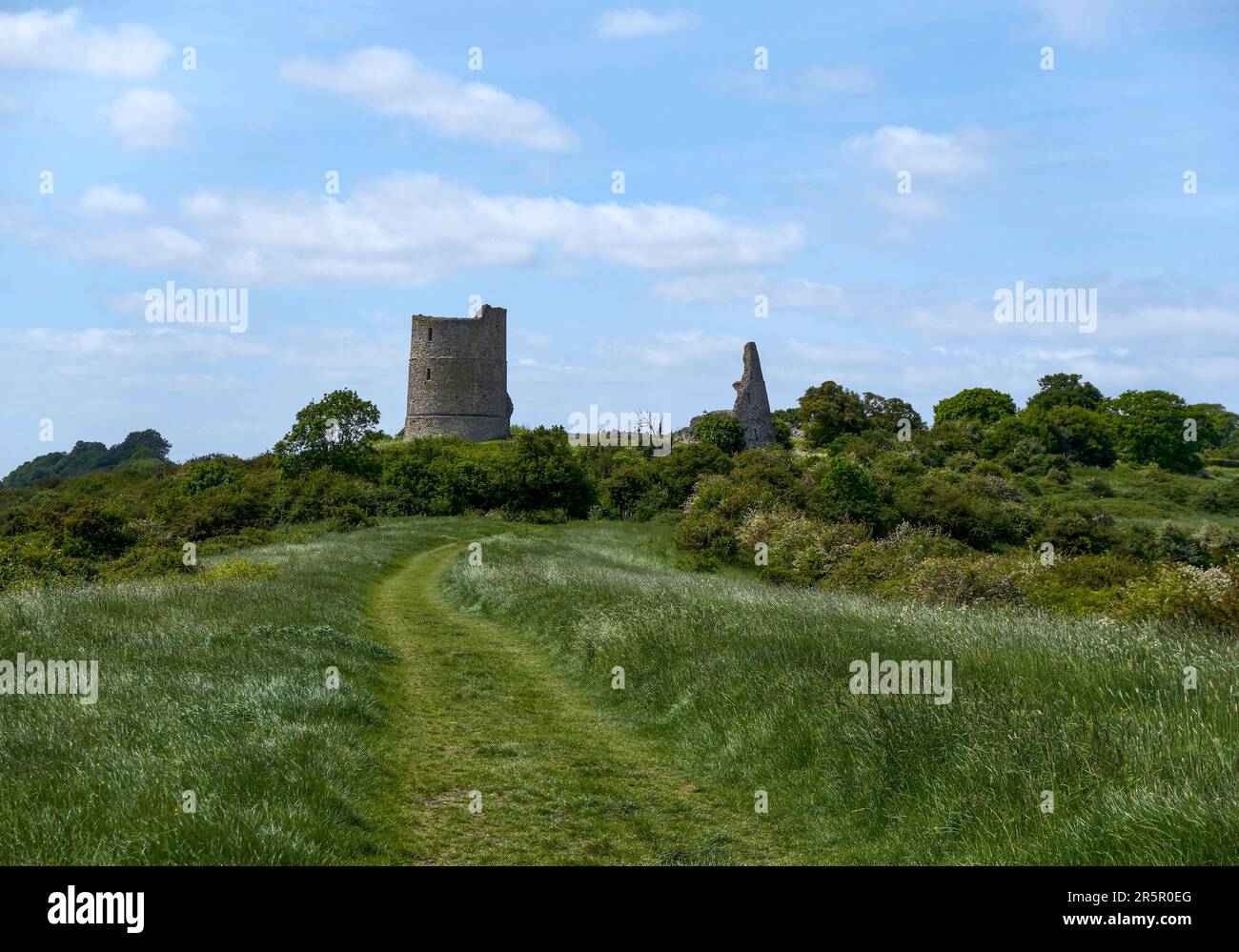 Viewed from a lushly-vegetated path, ruins of the 13th century Hadleigh ...