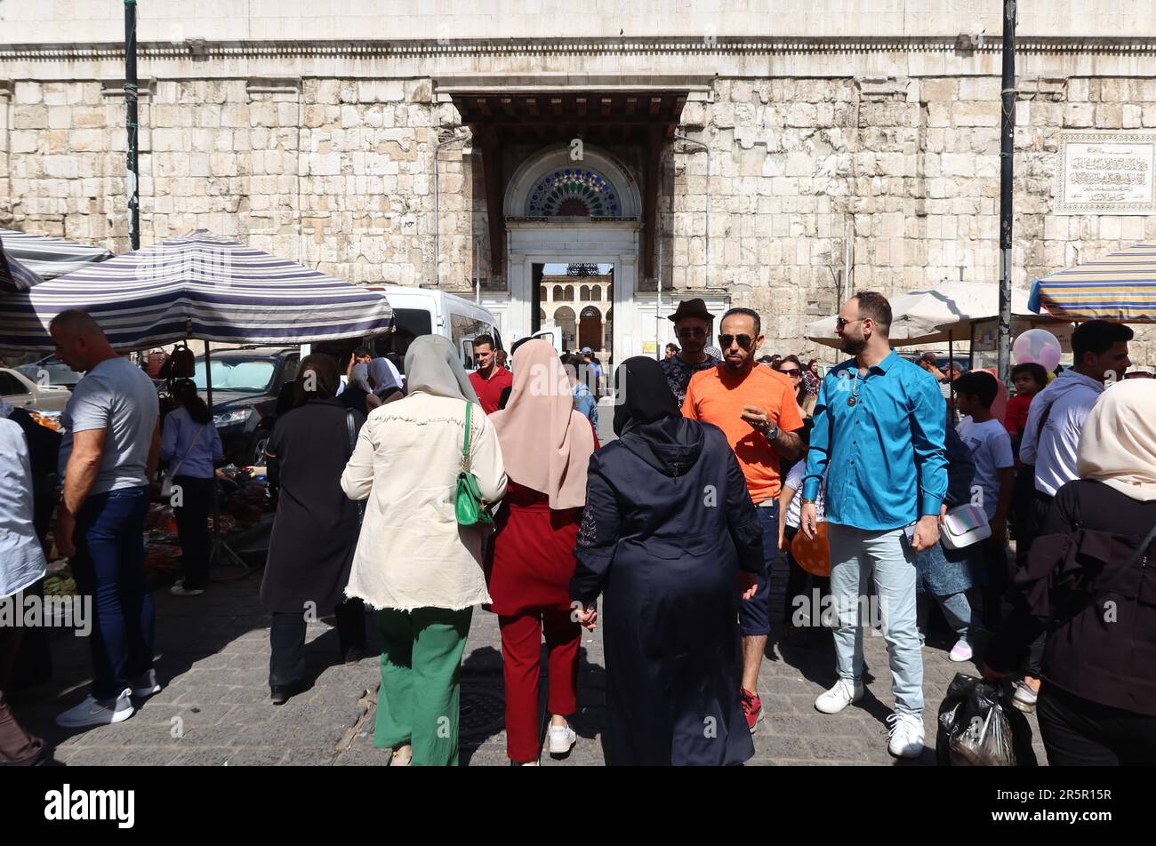 The entrance of Umayyad Mosque in downtown Damascus, Syria, June 4 2023 ...