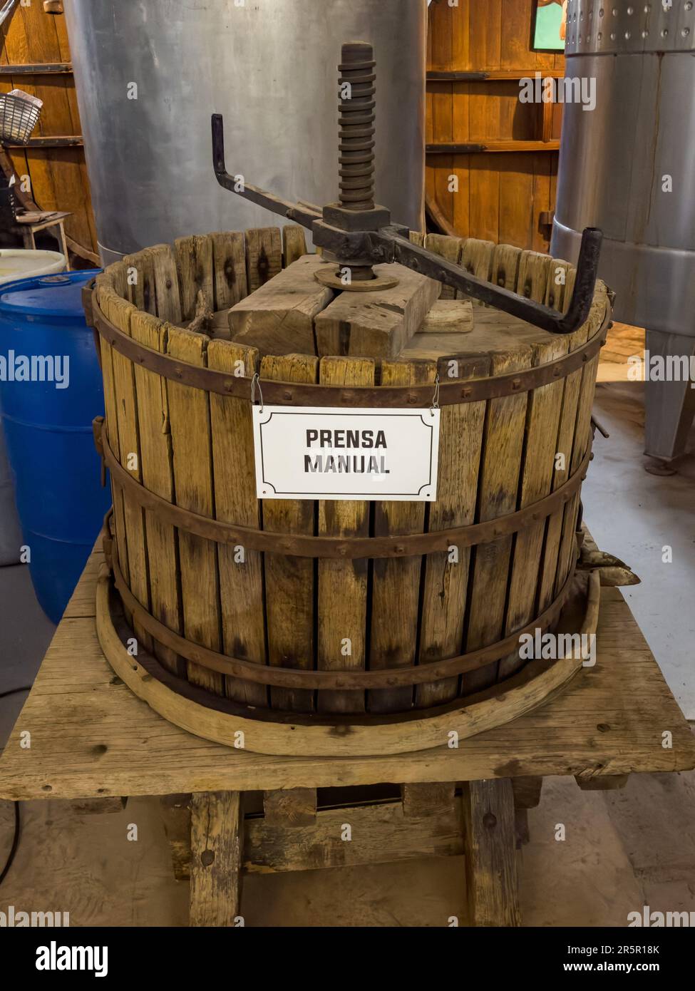 A manual screw winepress in the museum at La Abeja Winery, the oldest ...