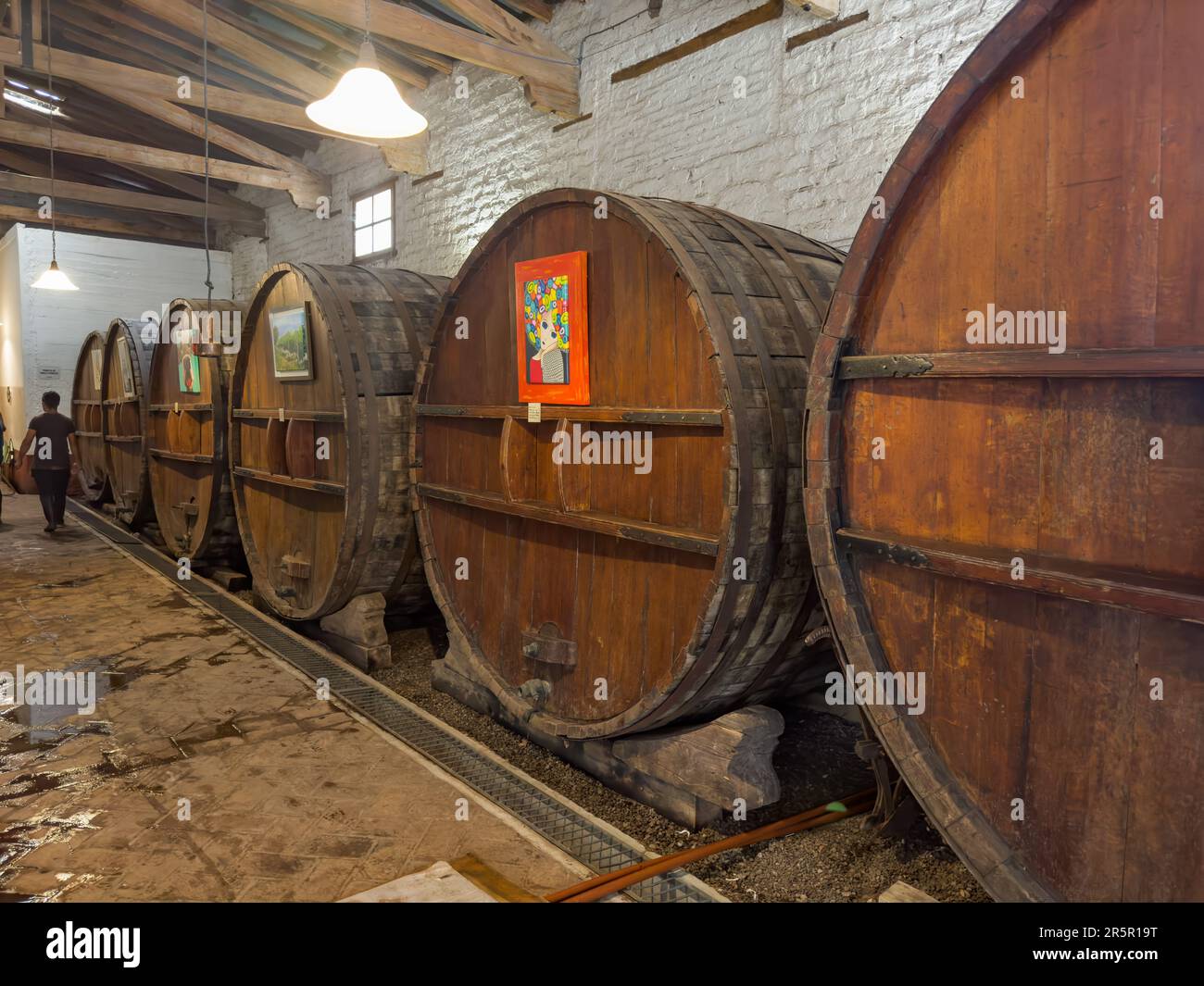Large oaken wine barrels at La Abjea Winery, San Rafael, Argentina. La ...