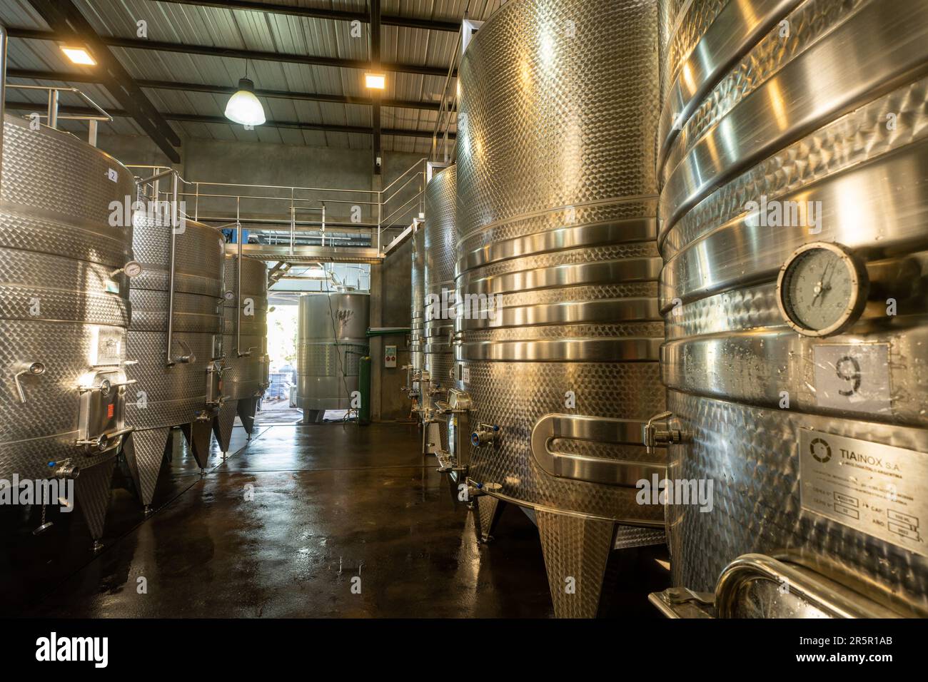 Stainless steel wine fermentation vats at the La Azul Winery near ...