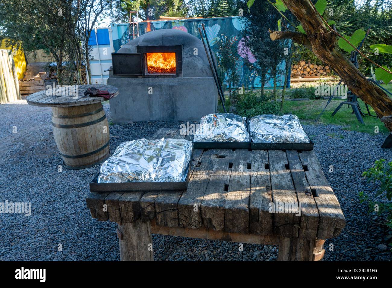 A wood fire burning in a traditional oven for cooking meat at the ...