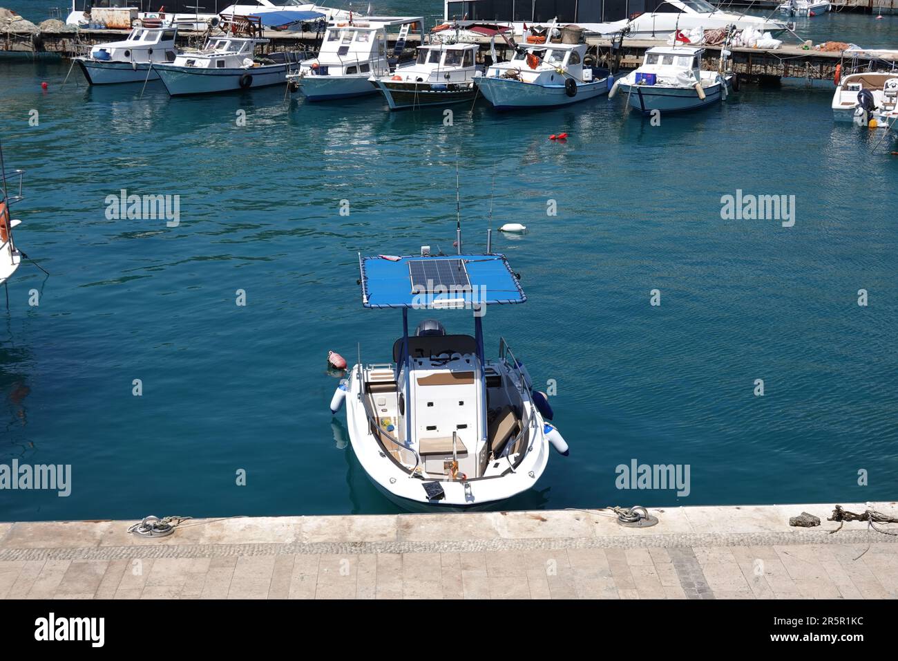 Many motor boats and yachts on parking in sea marine calm water on ...