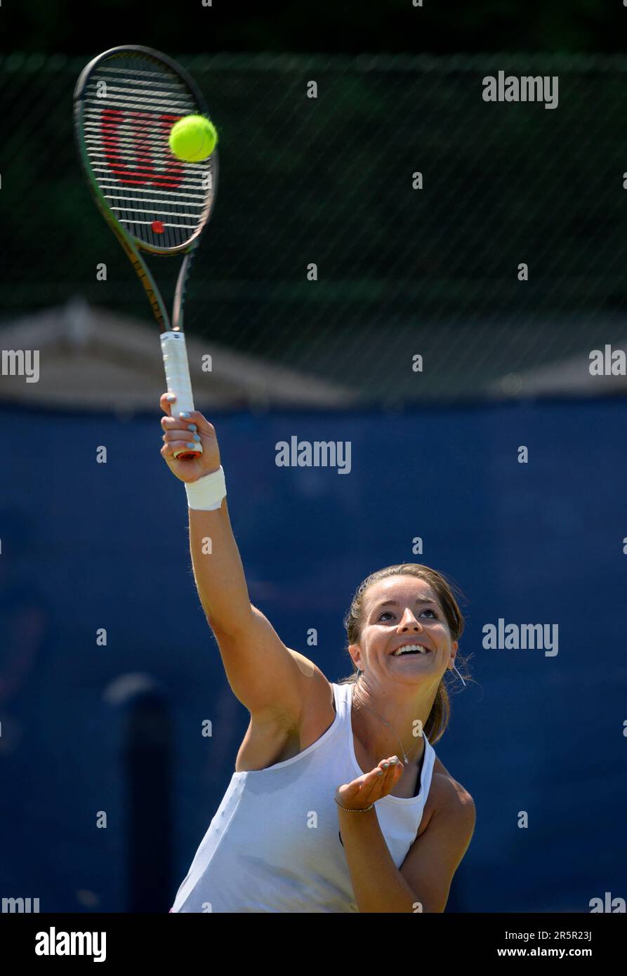 Jodie Burrage (GBR) on the practice court on the first day of ...