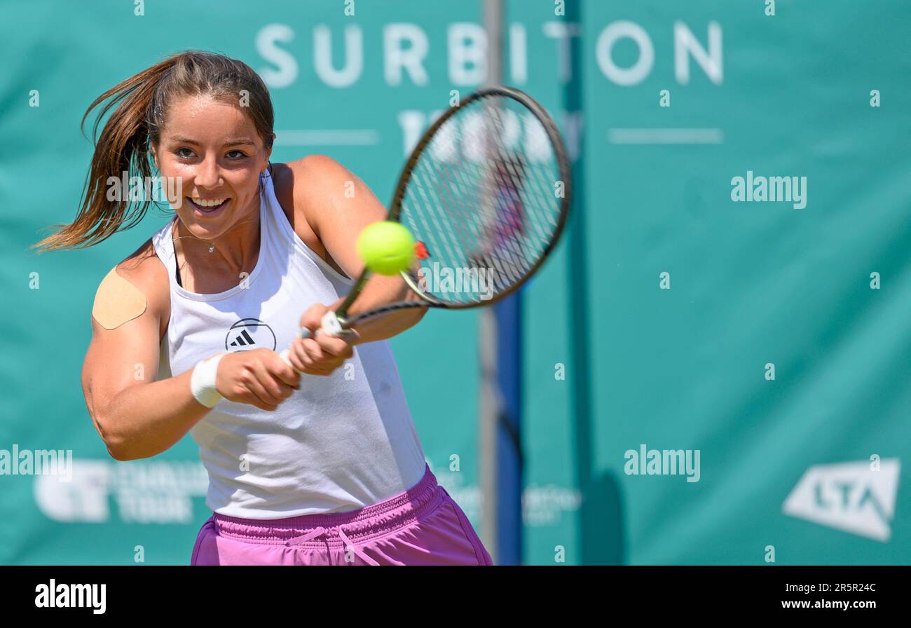 Jodie Burrage (GBR) on the practice court on the first day of ...