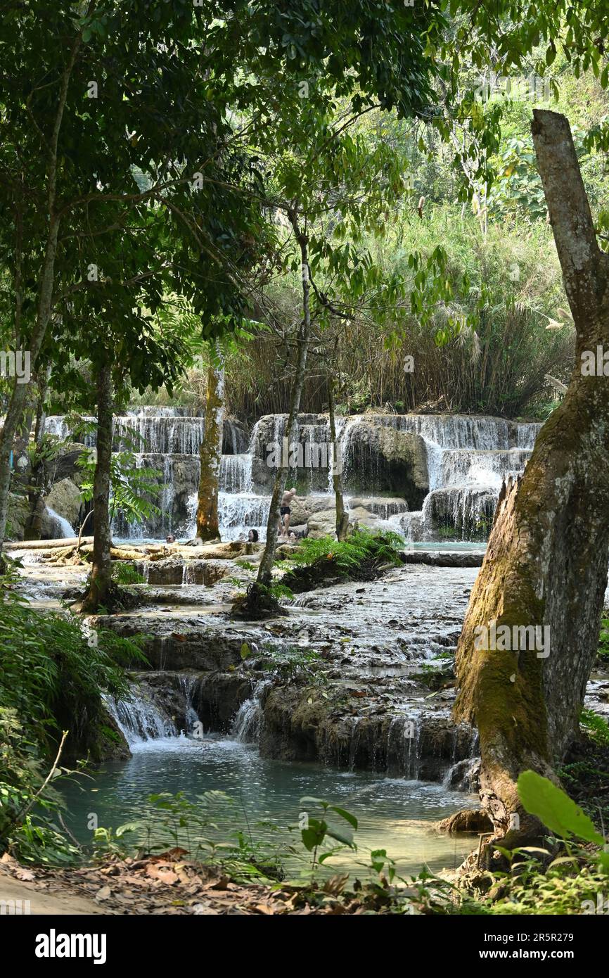 View of Kuang Si waterfalls, a three-tiered waterfall about 29km south ...