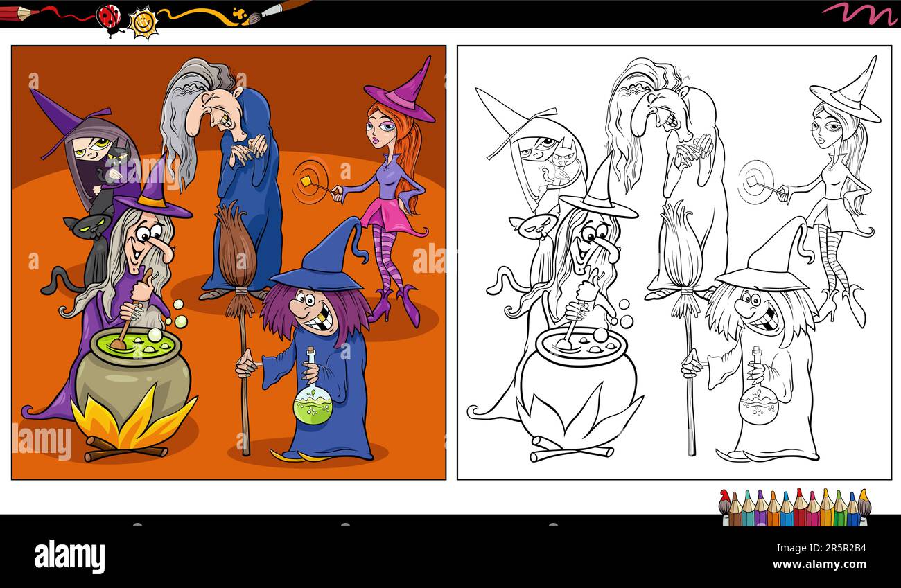 Cartoon illustration of funny witches fantasy characters group coloring ...
