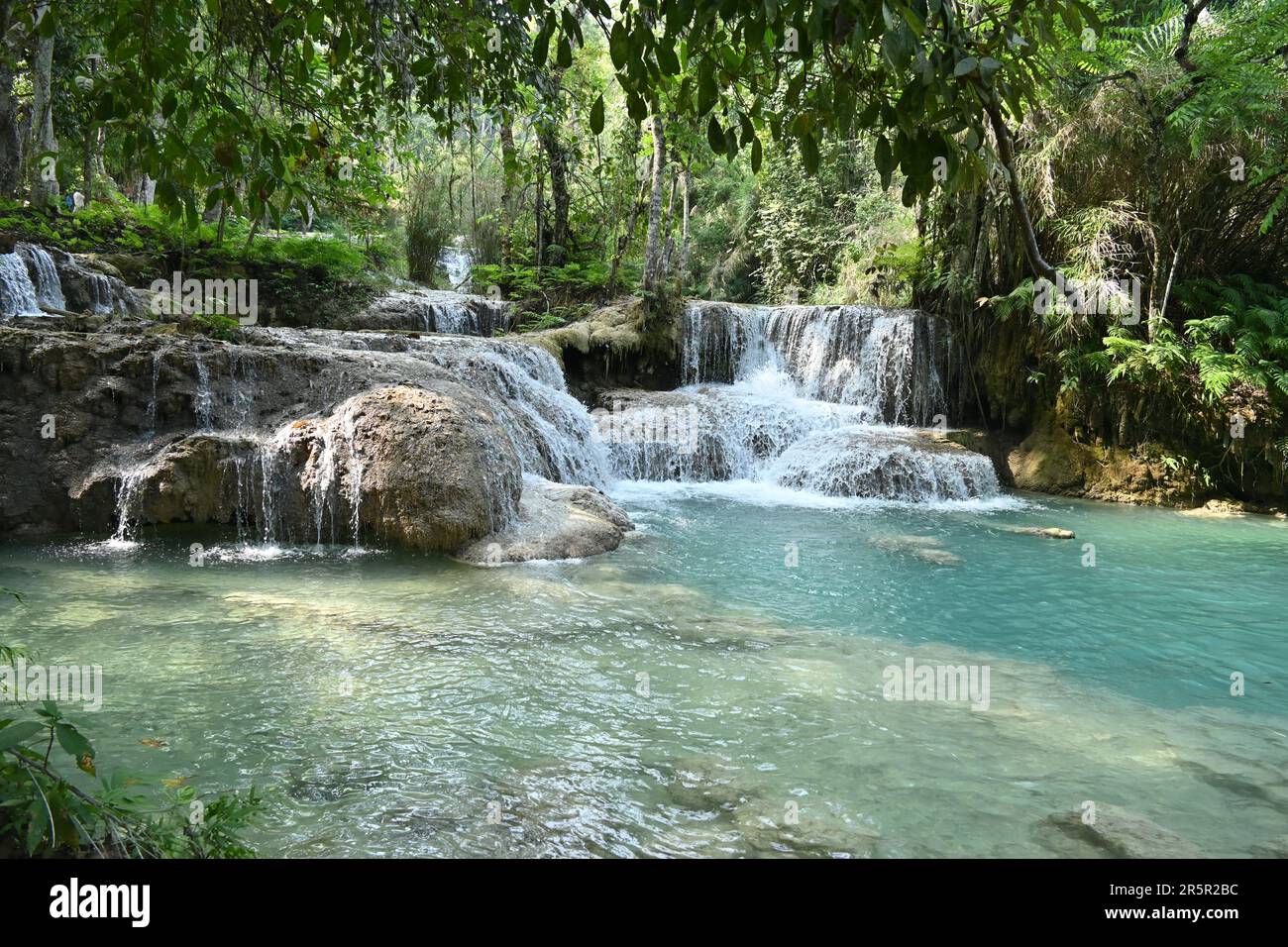 View of Kuang Si waterfalls, a three-tiered waterfall about 29km south ...
