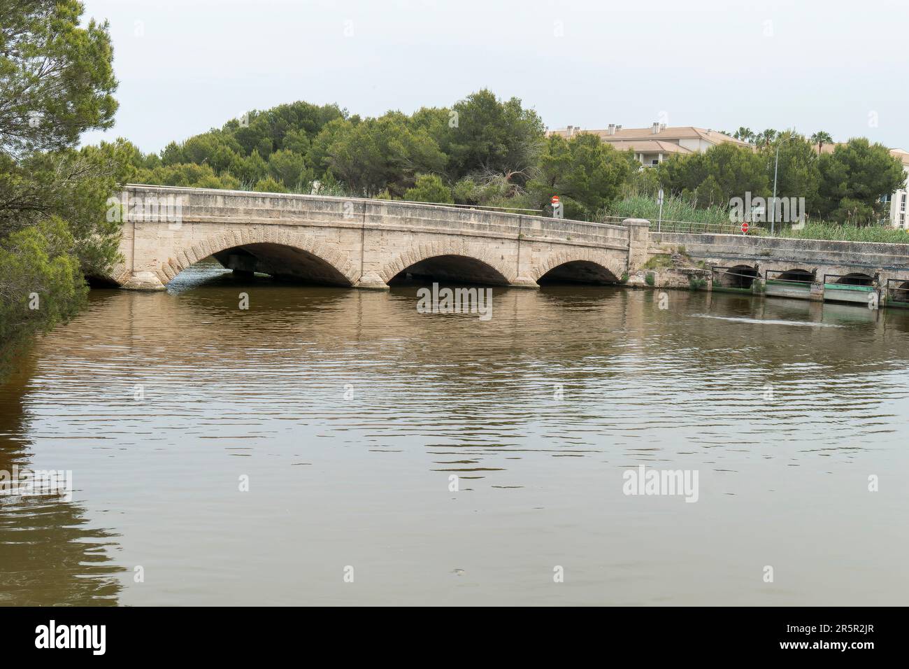 view of bridge over canal at S’Albufera reserve, Albufera, Mallorca ...