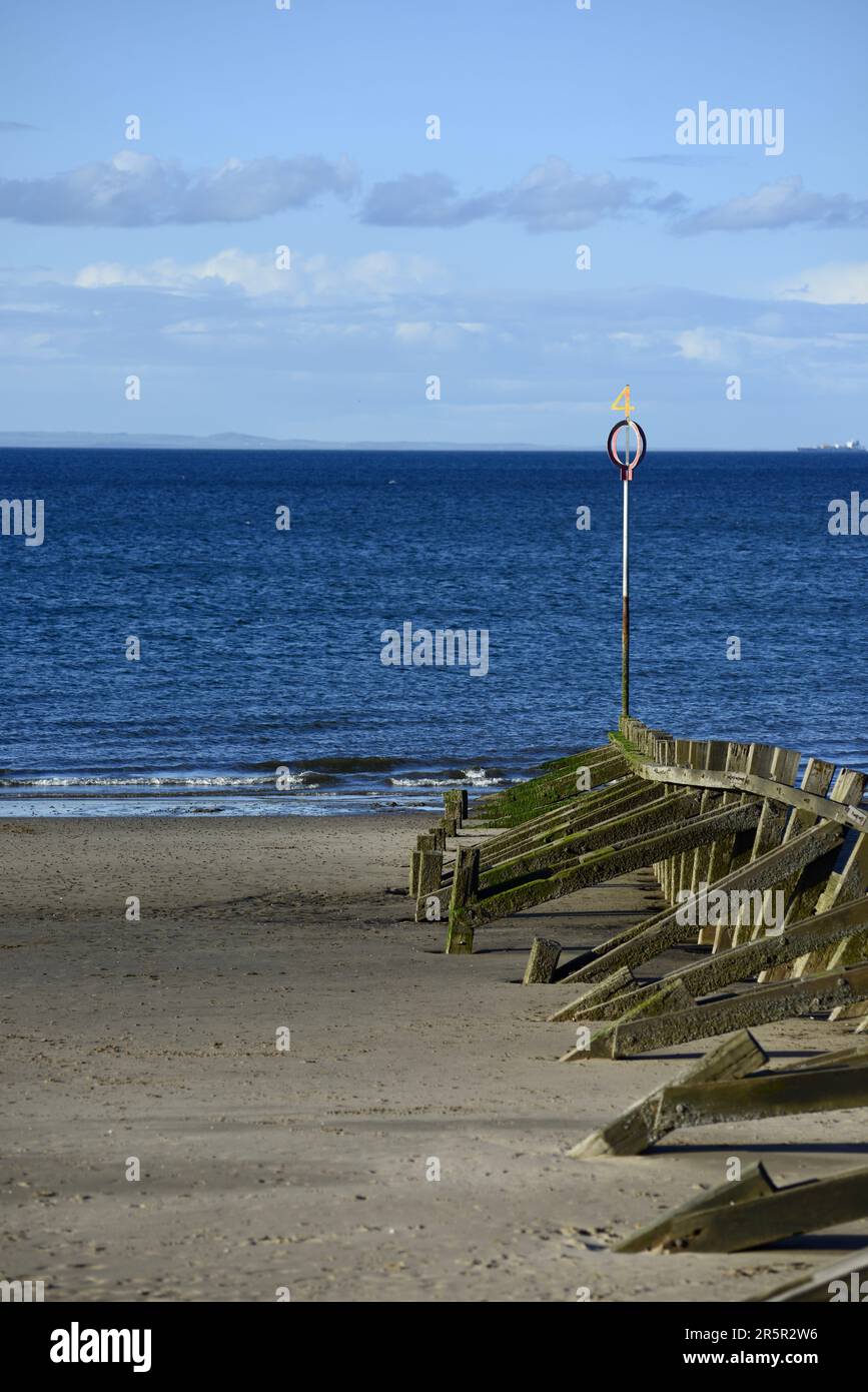 A row of wooden sticks facing the beach, with the ocean visible in the ...