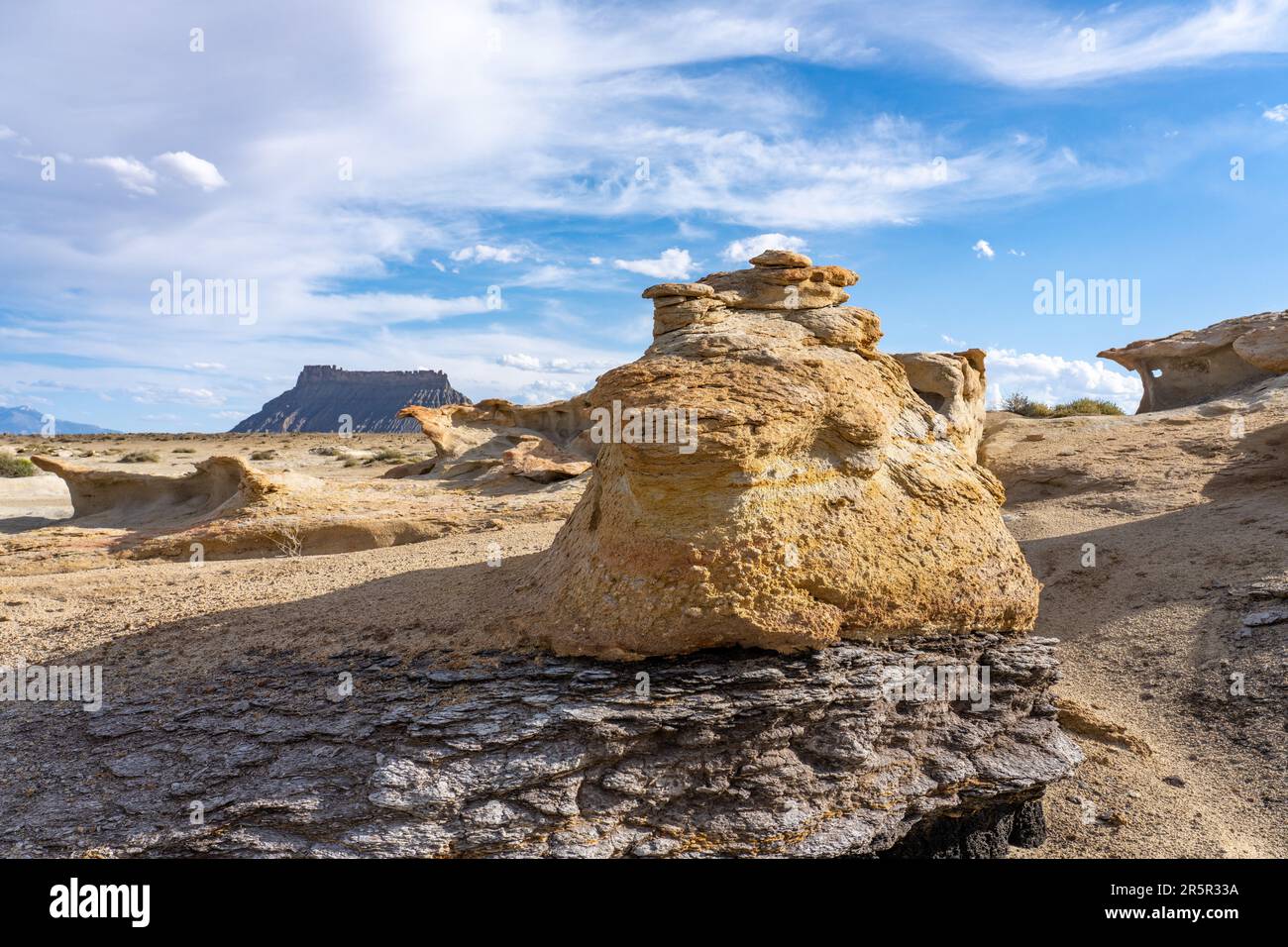 Eroded Ferron Sandstone over a layer of coal in the Eroded Rocks near ...