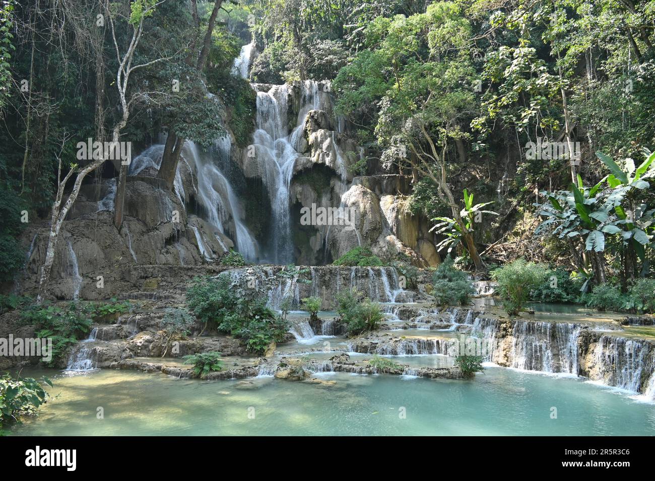 View of Kuang Si waterfalls, a three-tiered waterfall about 29km south ...