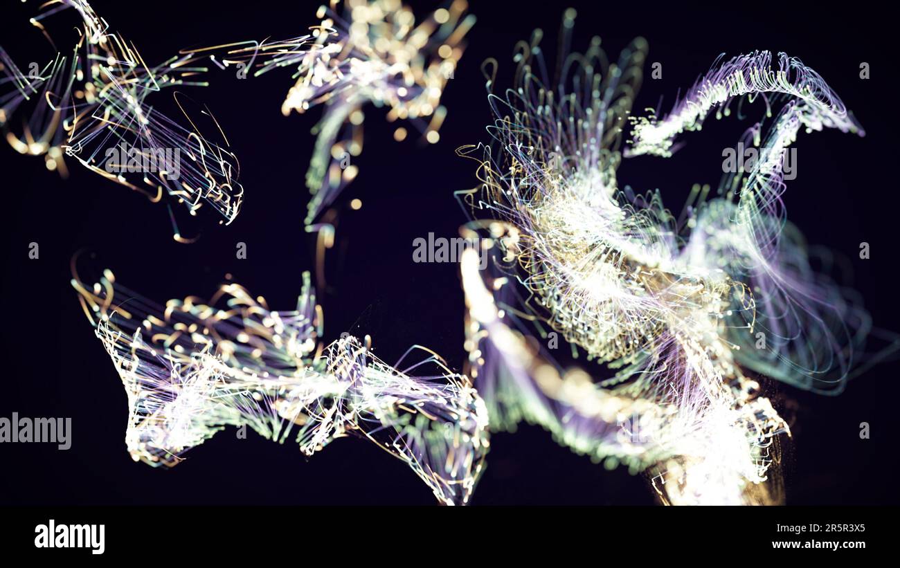 3D rendering of a colorful abstract stylish particle and plexus system on a dark background. For ...