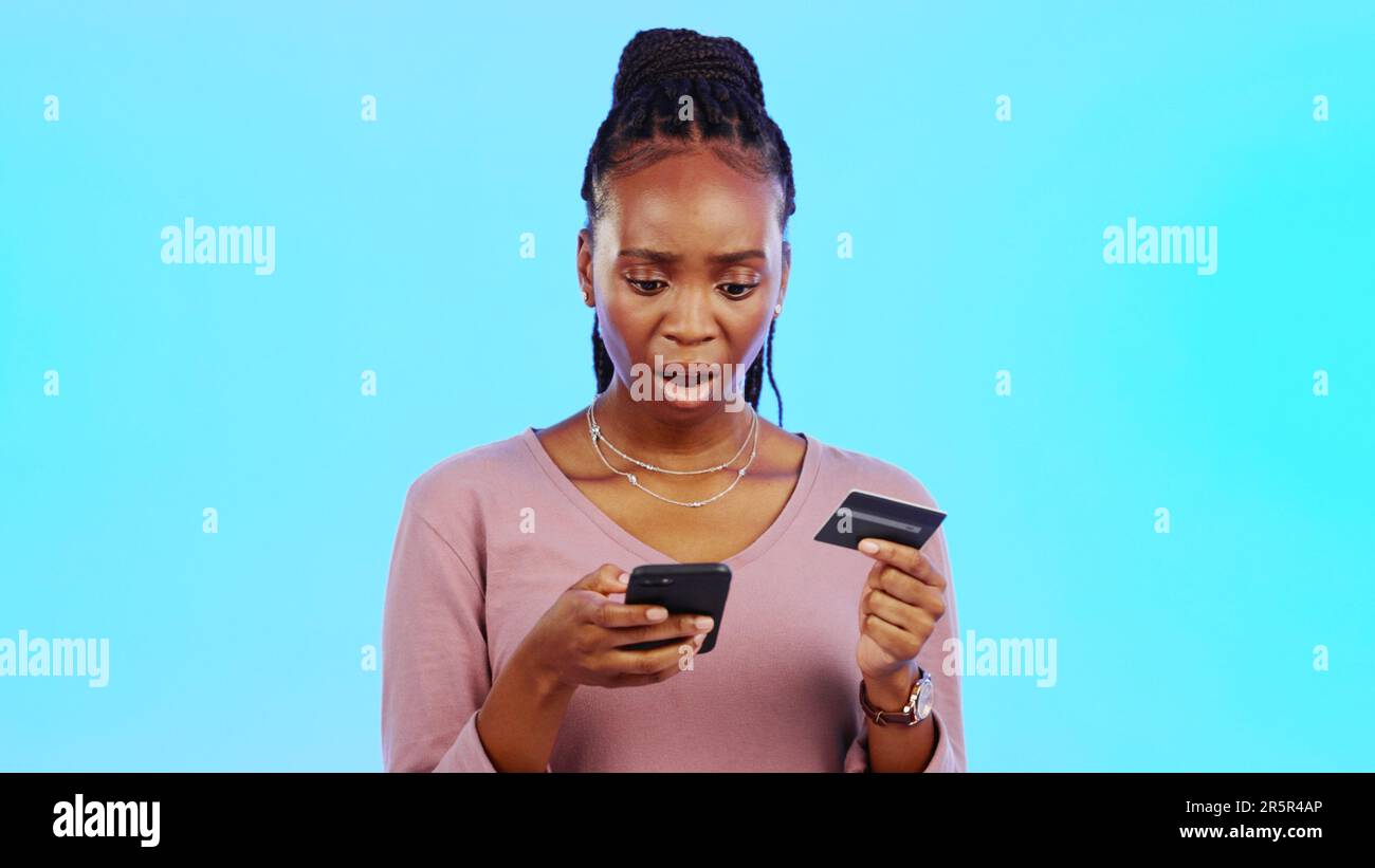 Credit card fraud, phone scam or black woman with anxiety by fintech ...