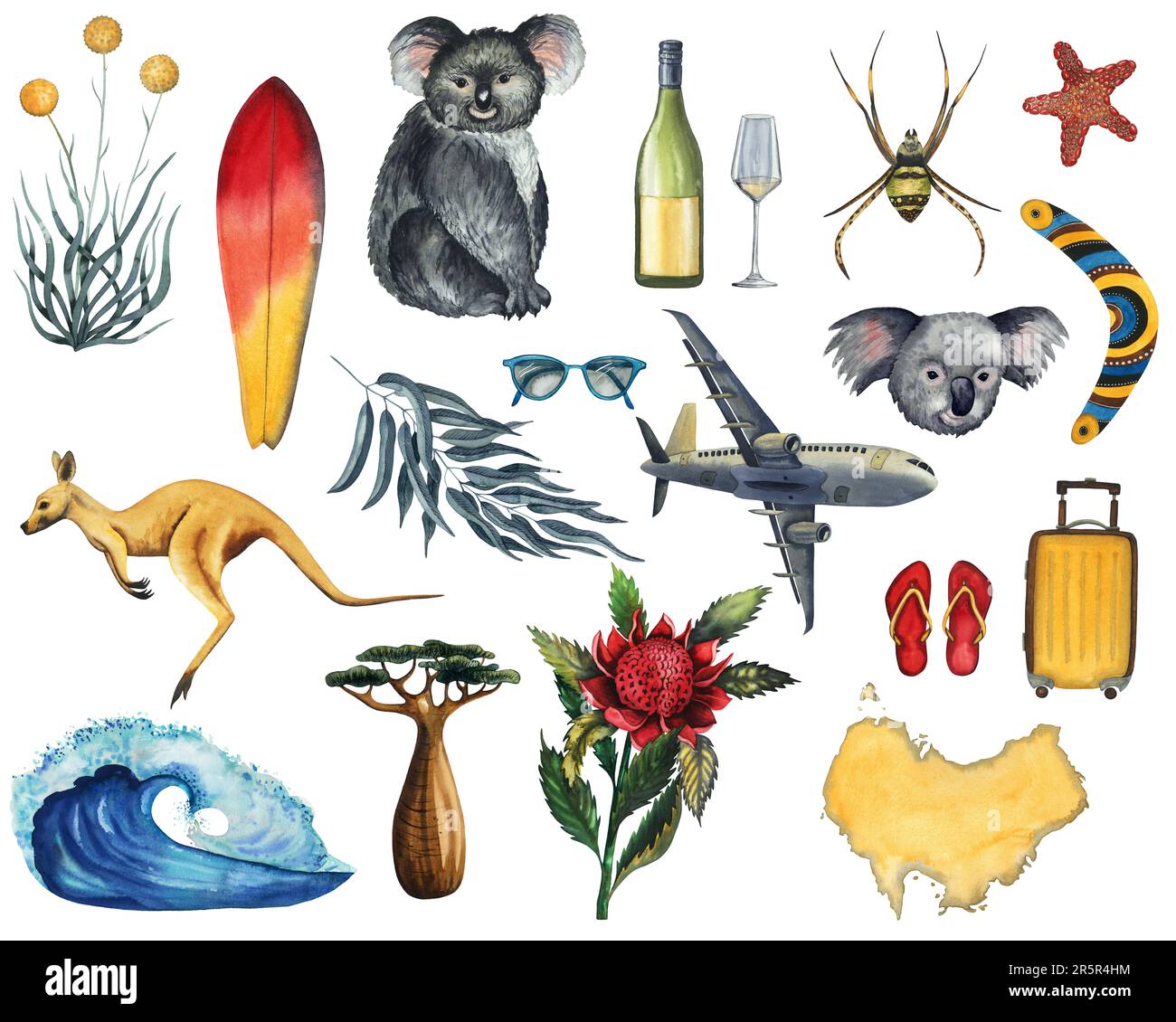 Travel Australia watercolor set with decorative elements airplane ...