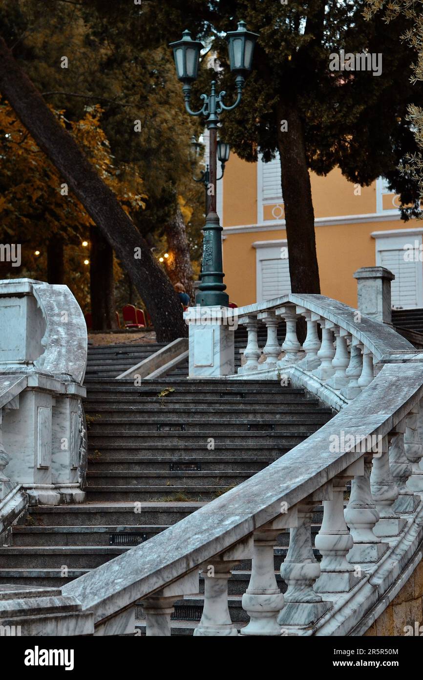 A vertical shot of a staircase in front of a building with many trees ...
